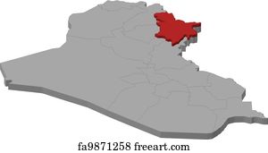 Free art print of Map of Iraq, Sulaymaniyah highlighted. Political map ...